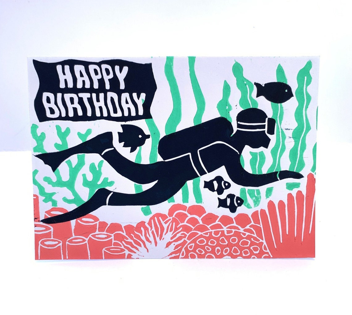 Scuba Diver Birthday Card (linocut) - Etsy
