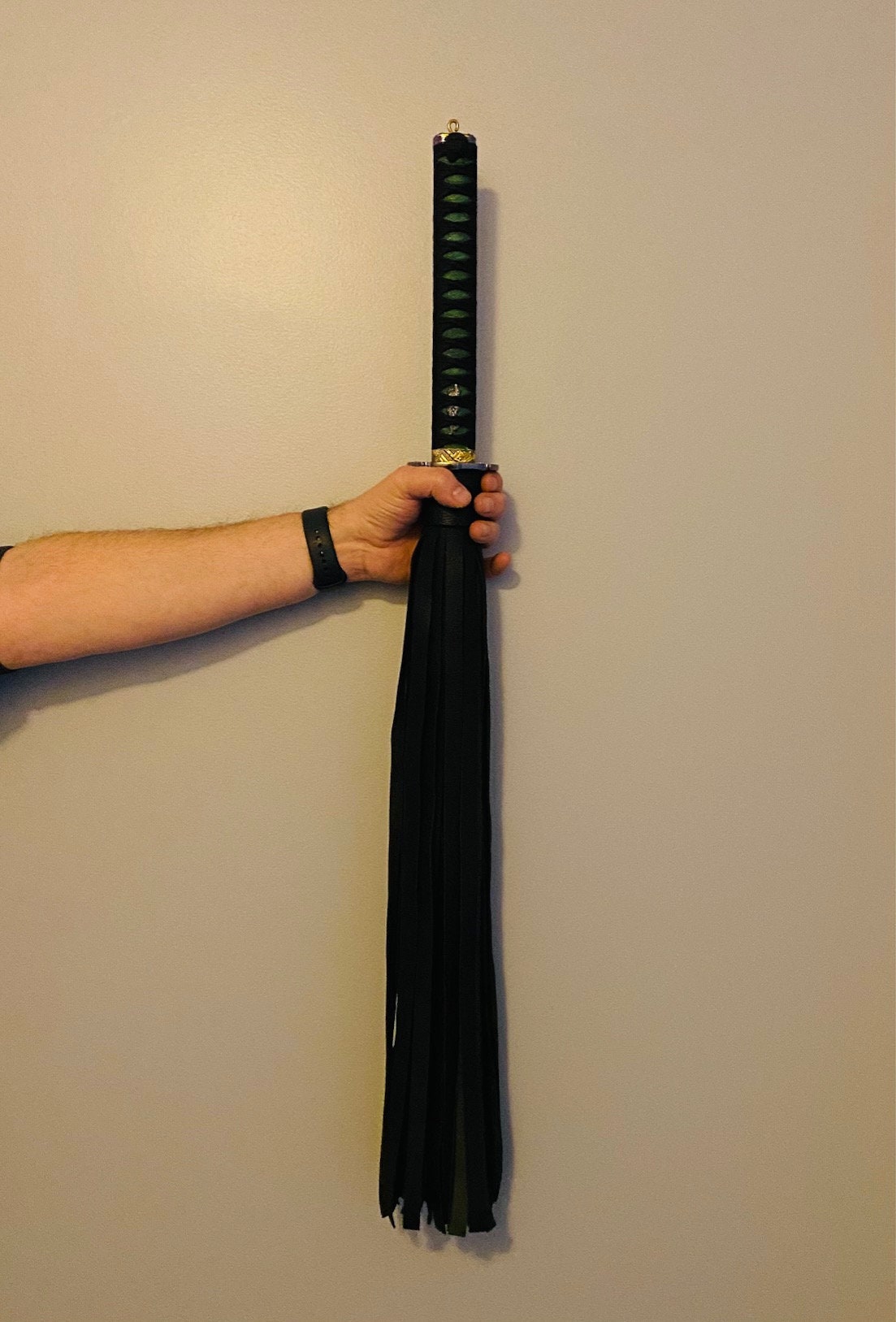 Black & Hunter Green Katana Handled Flogger with 24 Falls