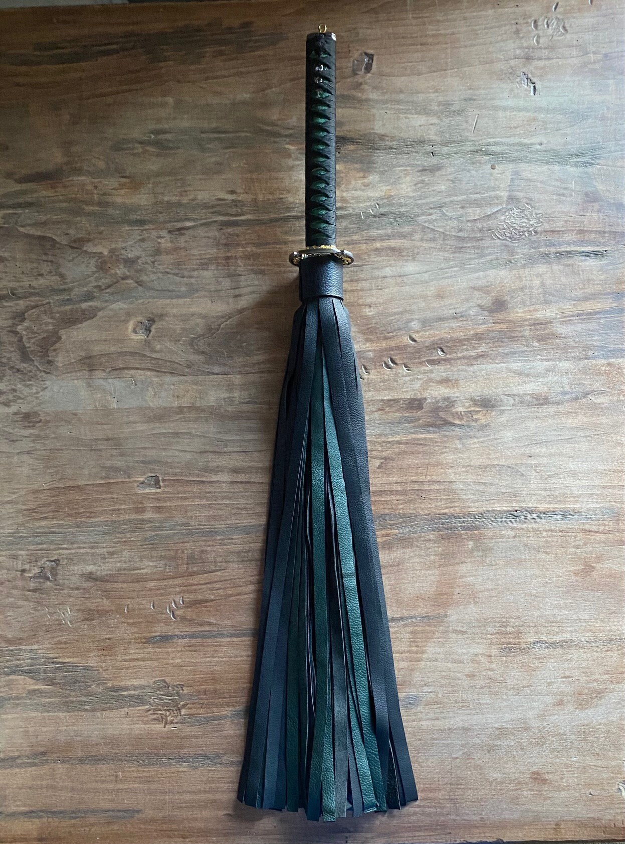 Black & Hunter Green Katana Handled Flogger with 24 Falls