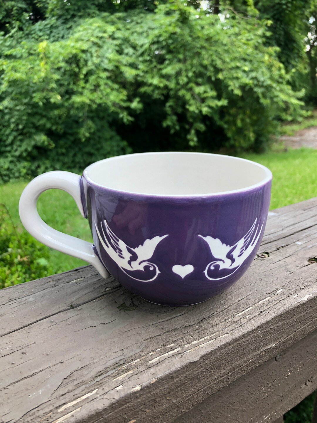 Purple Swallows Sparrows With Heart Coffee Cup Mug Handmade Hand Made ...