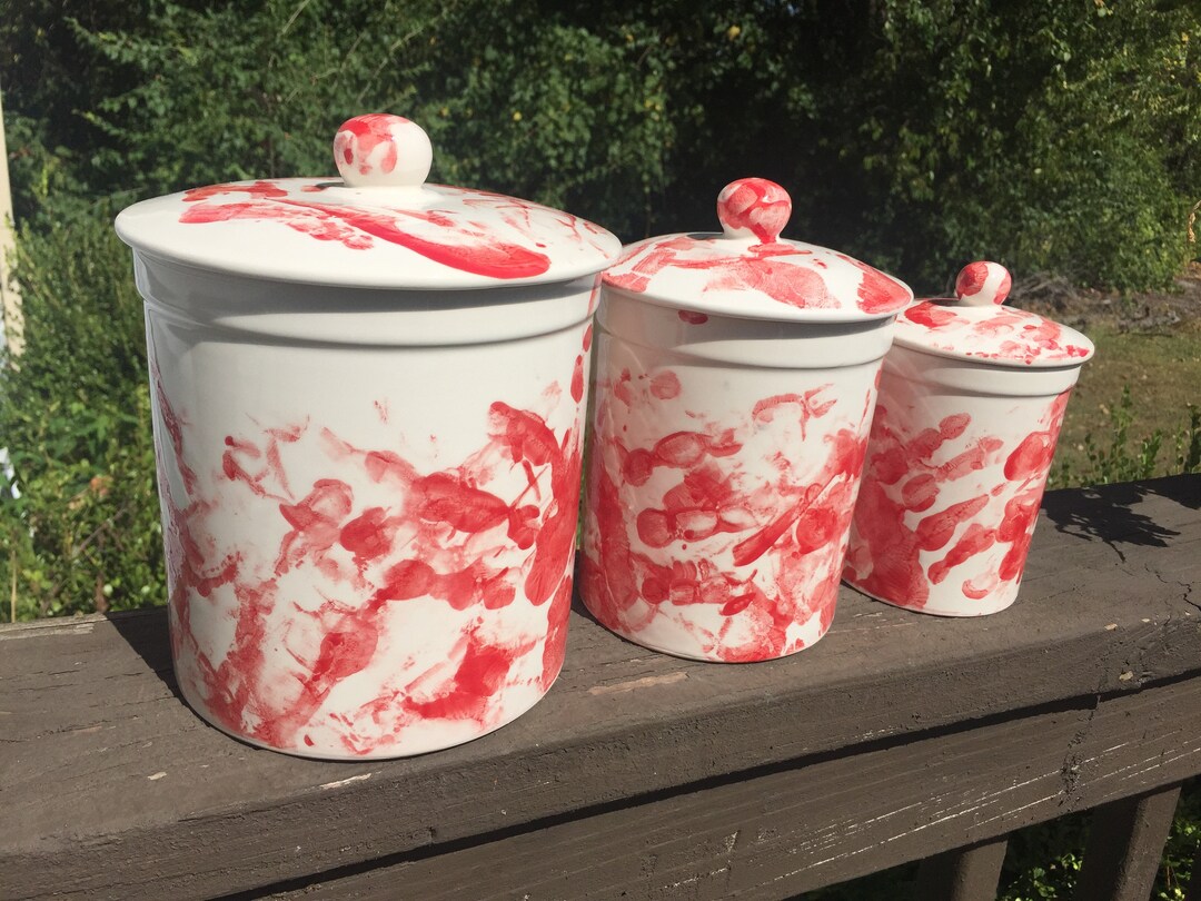 3 OOAK Handmade Ceramic Kitchen Canisters Bloody Hand Prints Halloween ...