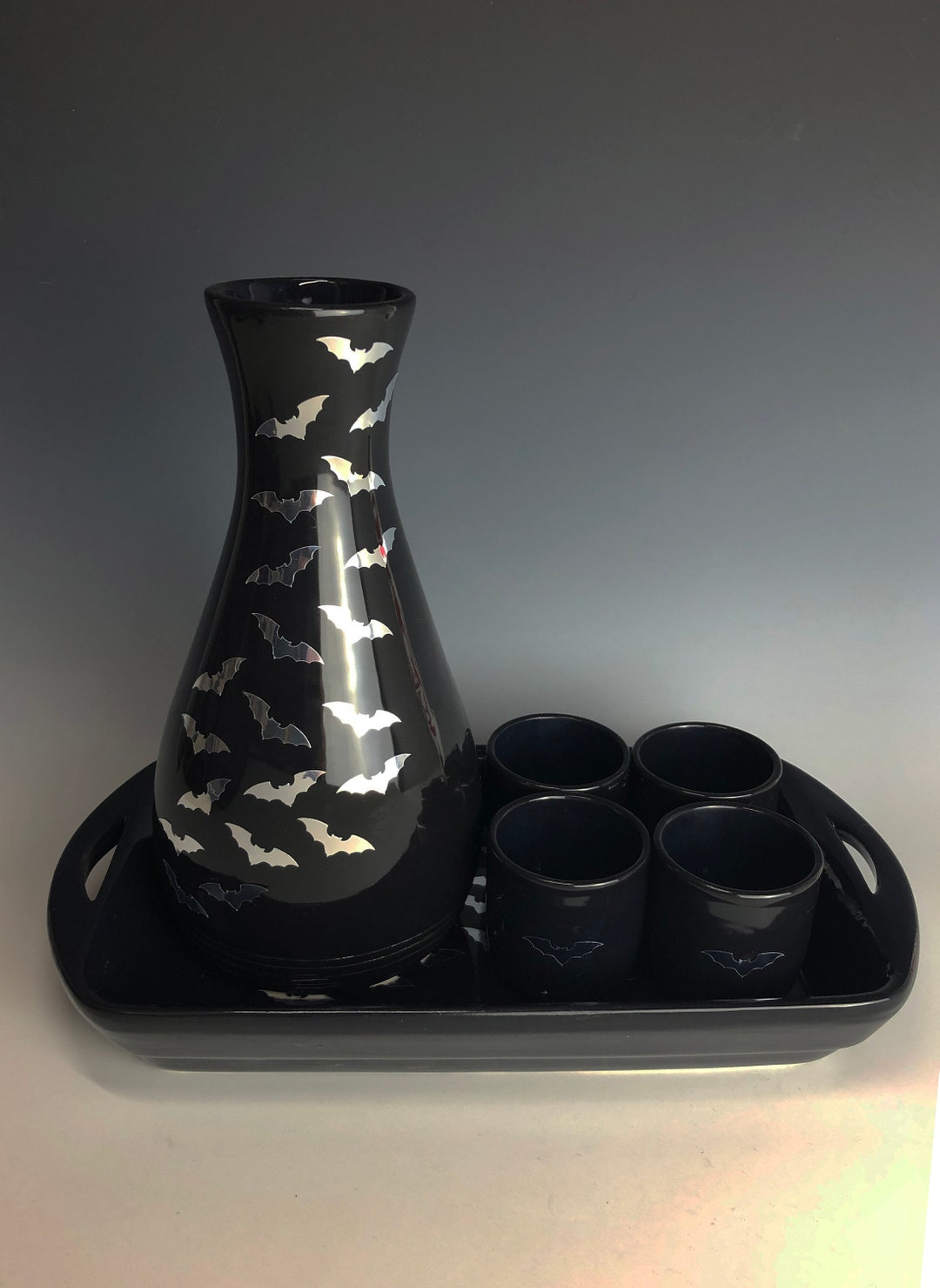 6 Piece Black and Silver Bat Japanese Saki Set Tokkuri Sake Sakazuki ...