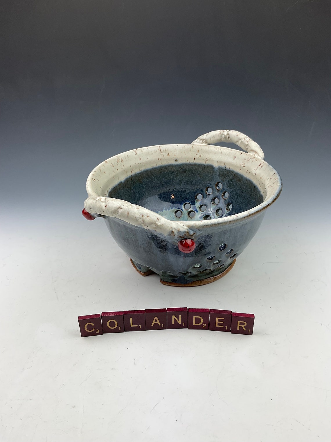 Handmade Pottery Ceramic Kitchen Colander Strainer Blue White 9” by 4 ...