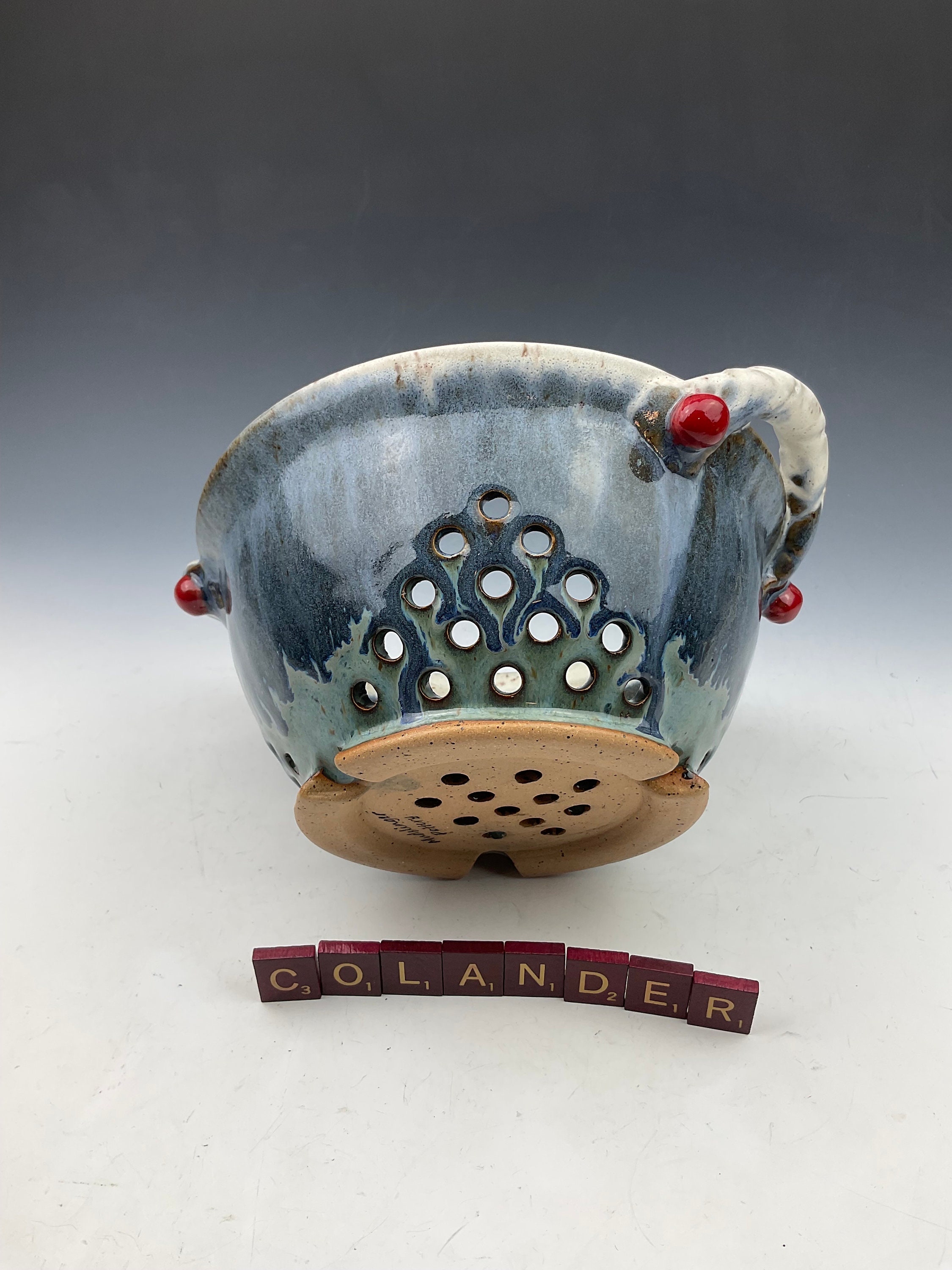 Handmade Pottery Ceramic Kitchen Colander Strainer Blue White 9” by 4 ...