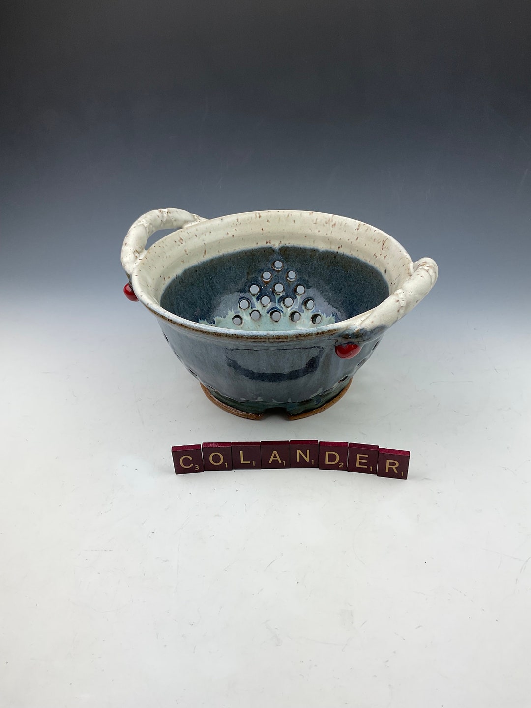 Handmade Pottery Ceramic Kitchen Colander Strainer Blue White 9” by 4 ...