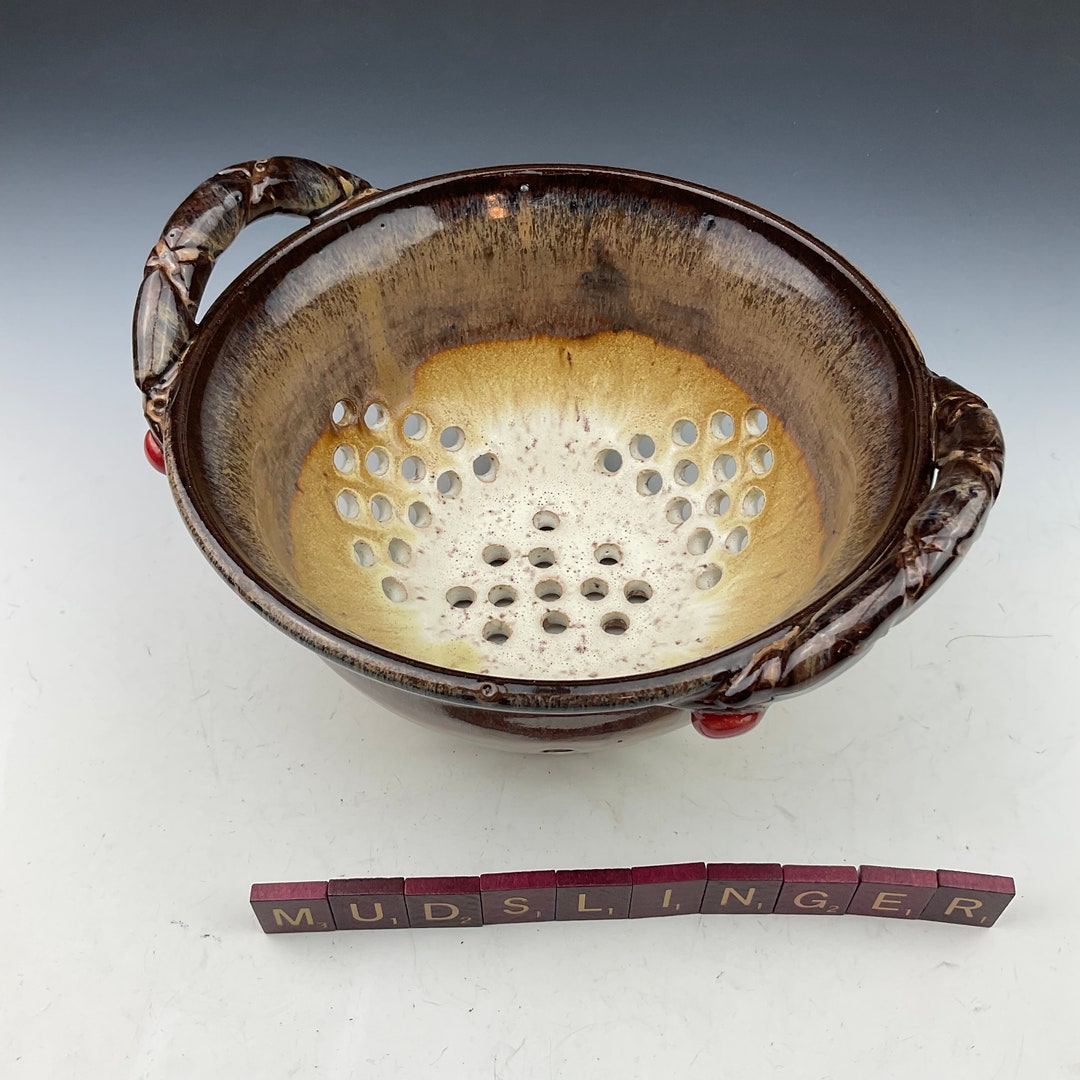 Handmade Pottery Ceramic Kitchen Colander Strainer Berry Bowl Brown and ...