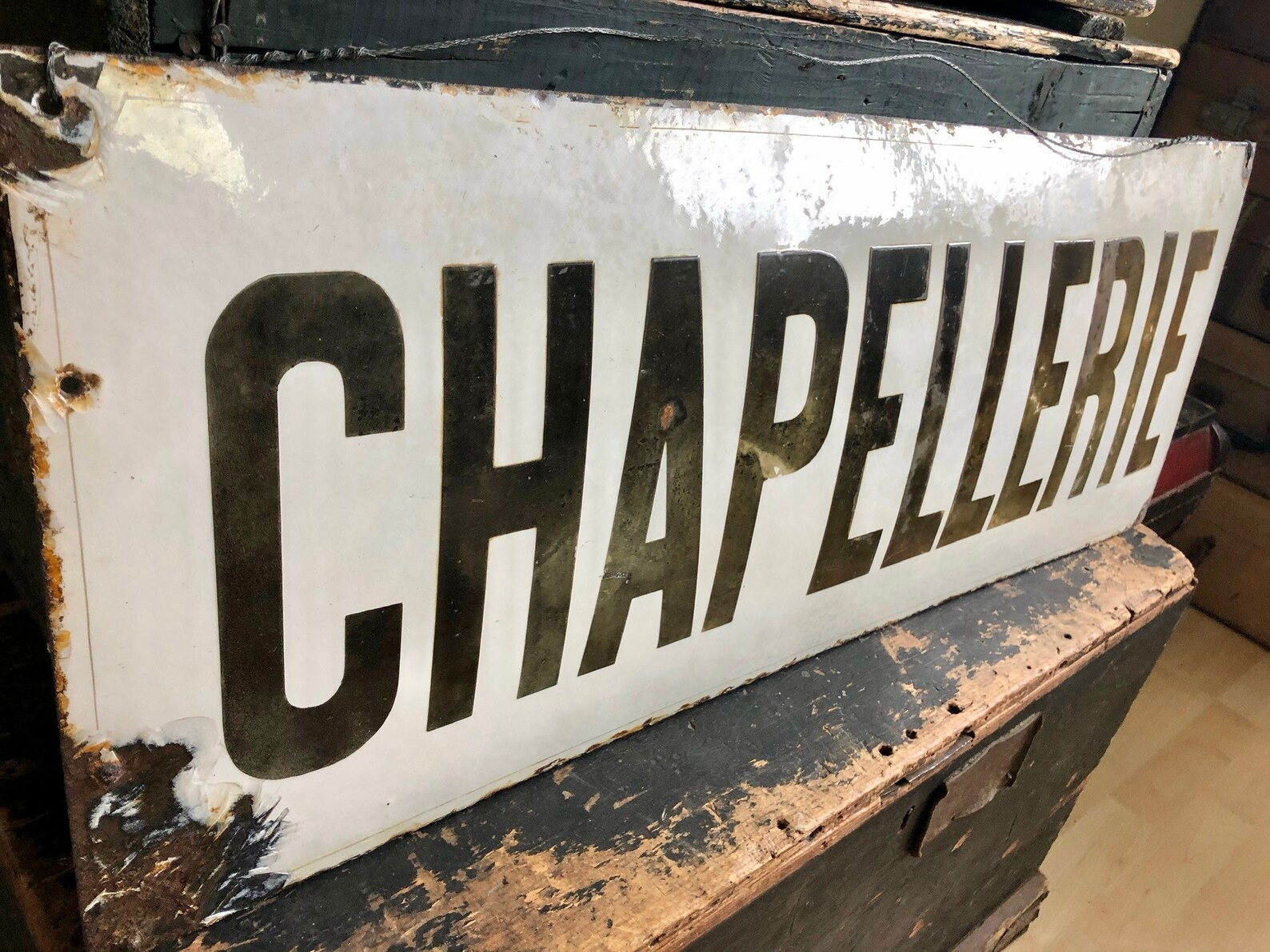 Large Antique French Hat Shop Trade Sign, Chapelerie, Porcelain Enamel ...
