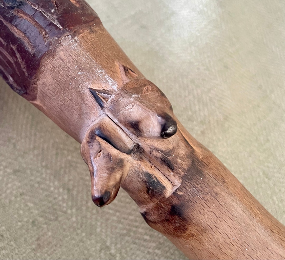 Antique Carved Birch Burl Branch Folk Art Cane With Animals, Dogs, Bear ...