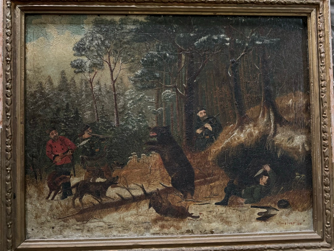 1891 Folk Art Bear Hunting Oil on Board Painting With Pretty Inept ...