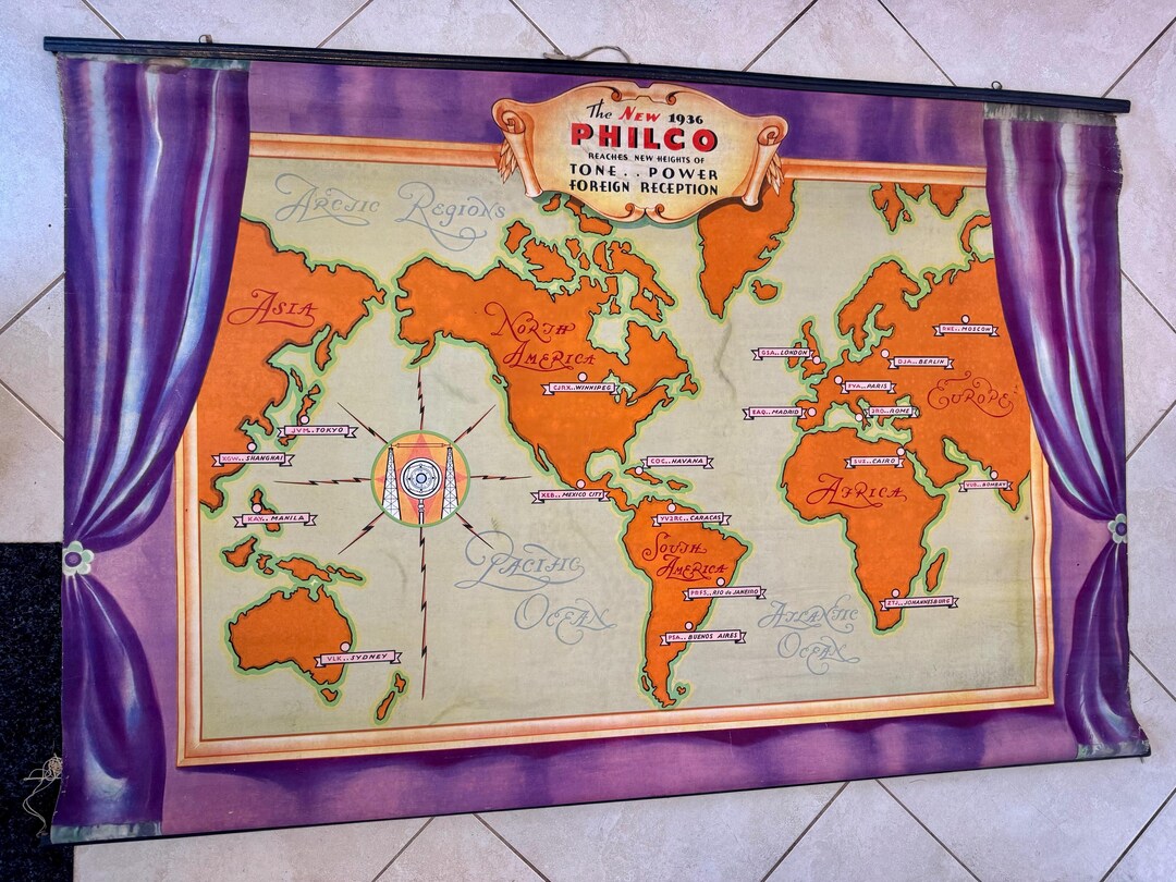 Colorful 1936 Philco Radio Advertising Map of Foreign Radio Reach - Etsy