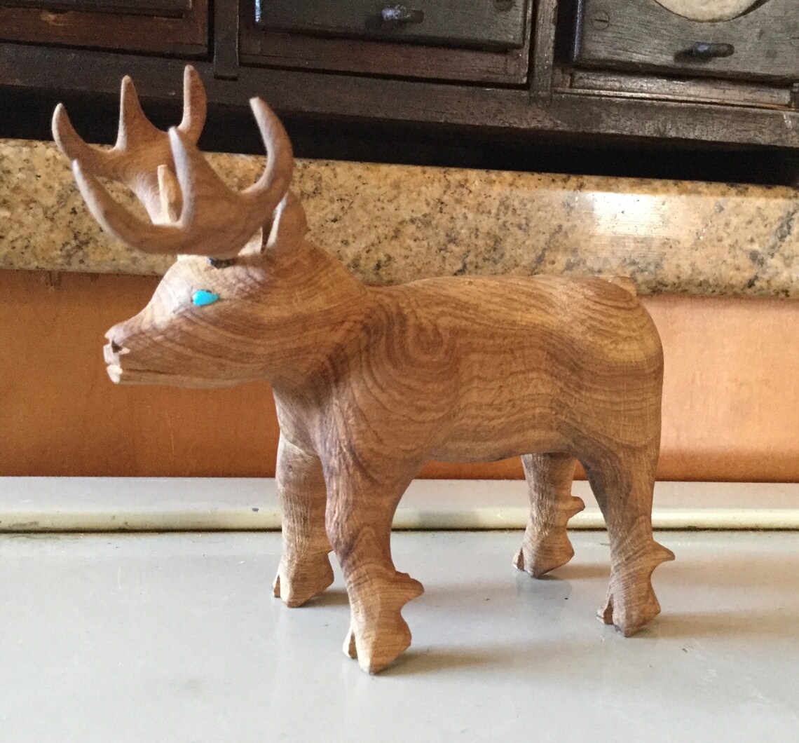 Native Zuni Carved Cedar Elk Fetish Turquoise Inlay Cody - Etsy