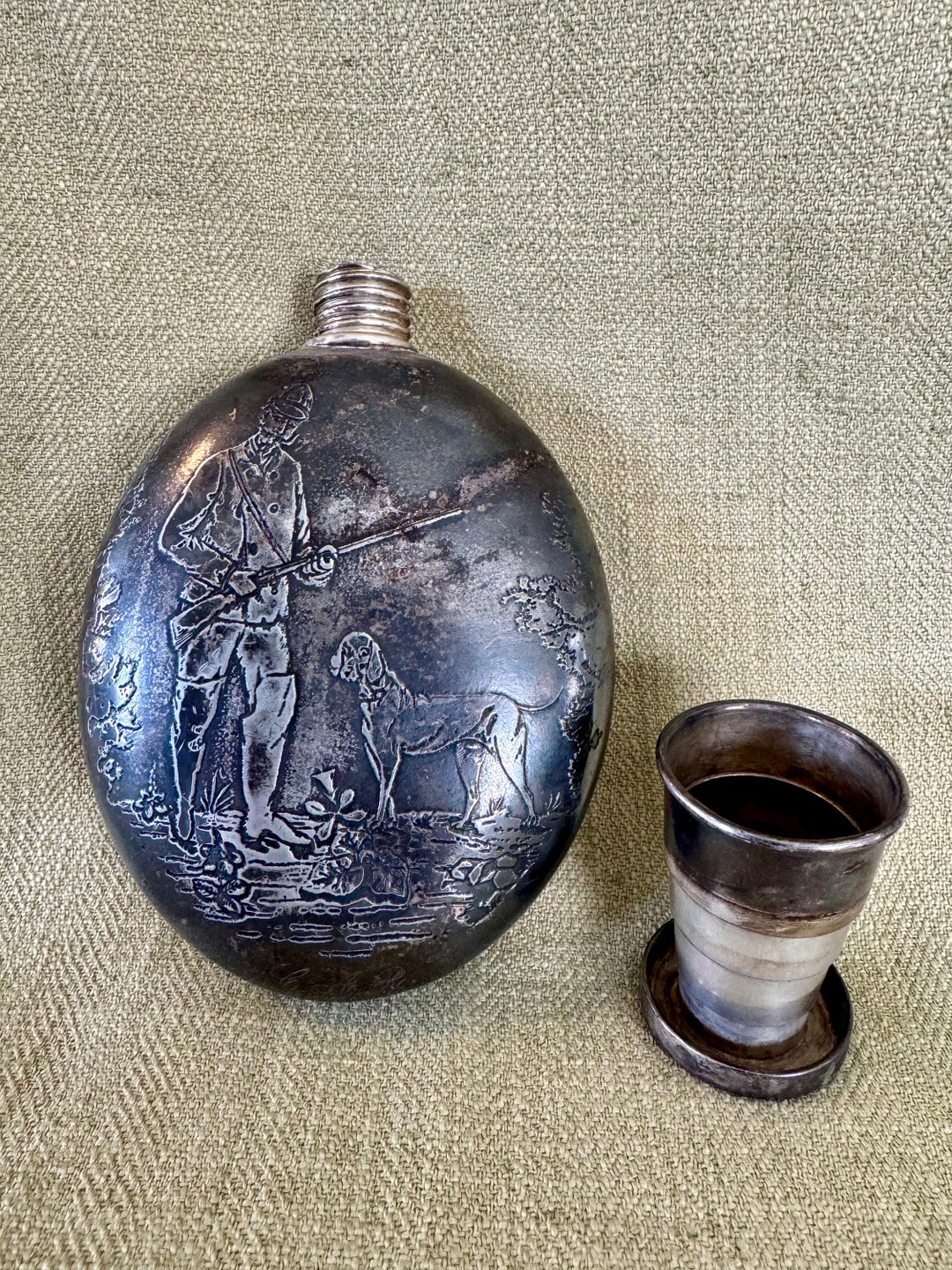 Antique Hunting Flask With Dog, Features Collapsable Cup in Cap - Etsy