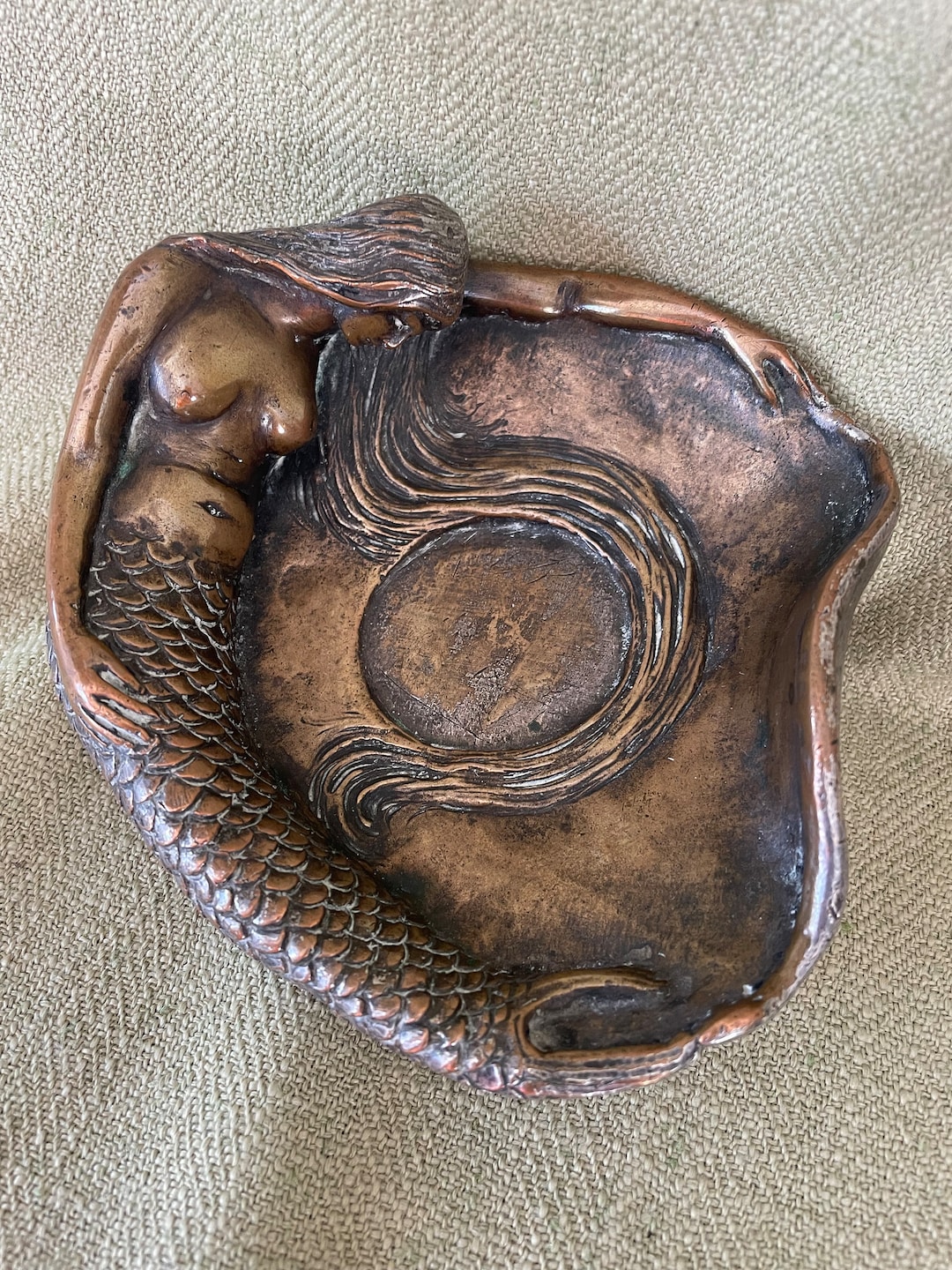 Antique Bronze Mermaid Dish With Dragon on Underside, Signed, Dated ...