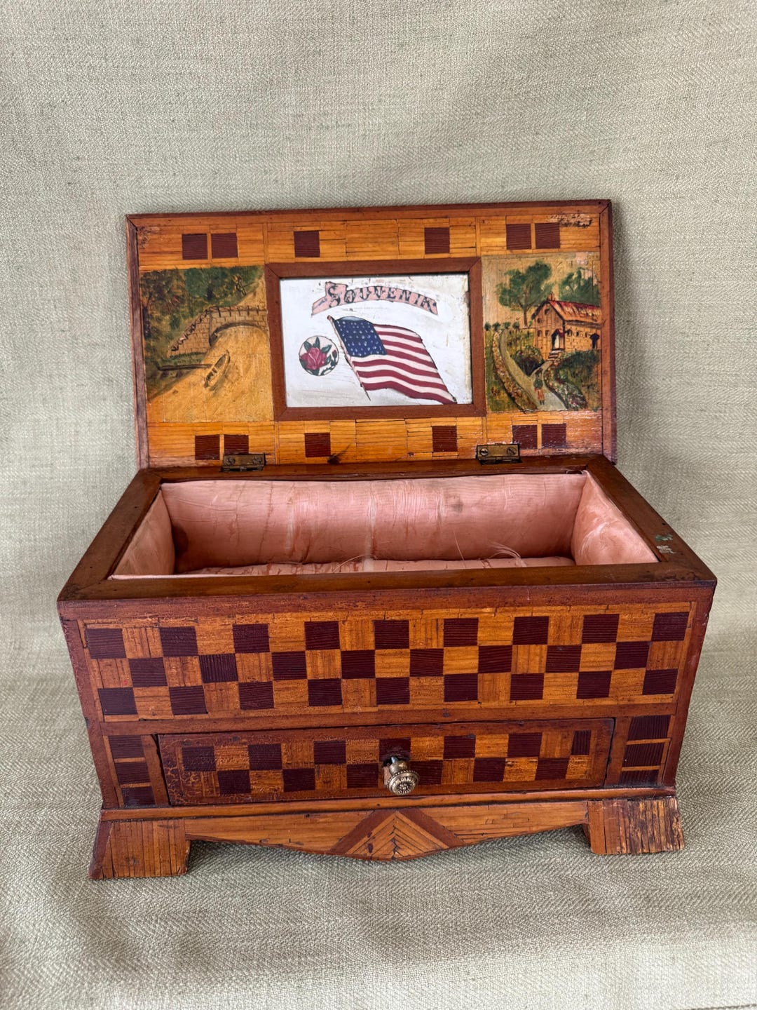 Antique Folk Art Matchstick Jewel Box With Painted Scenes, Tramp Art - Etsy