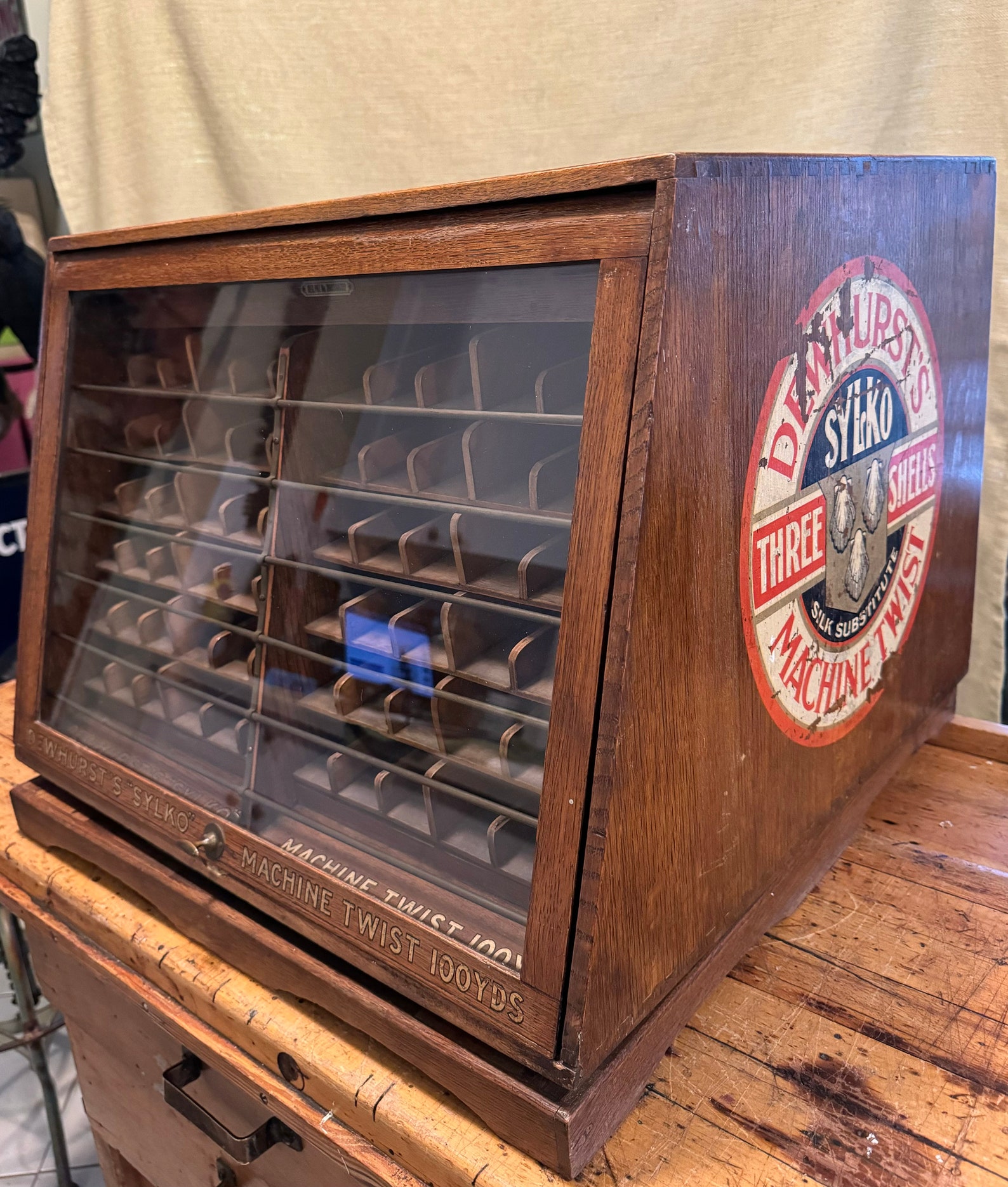 Original Dewhurst’s Sylko Rotating Oak Spool Chest With Double Glass ...