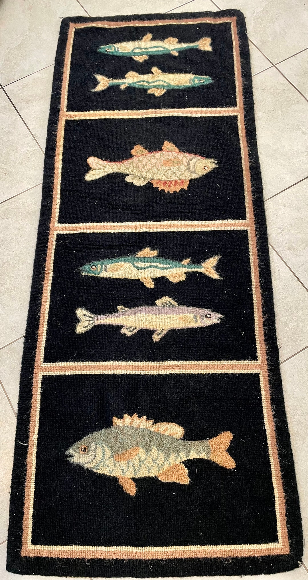 Wonderful Fish Theme Antique Wool Hook Rug, Runner, Cabin Decor - Etsy