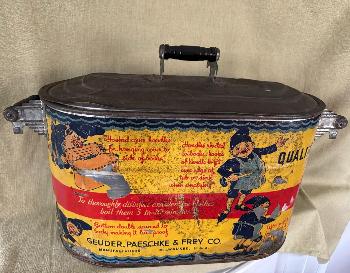 Gnome Cooker….original Cream City Zinc Boiler With Gnome Label, 1920’s ...
