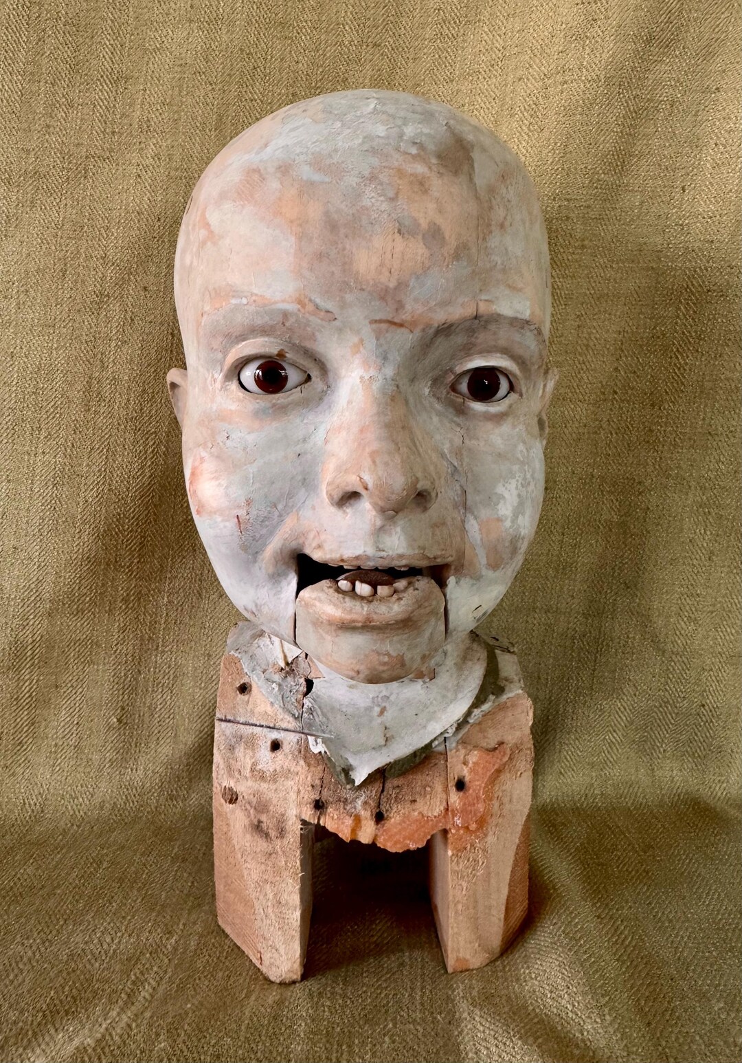 Unusual Folk Art Ventriloquist Dummy Head With Glass Eyes and Real ...