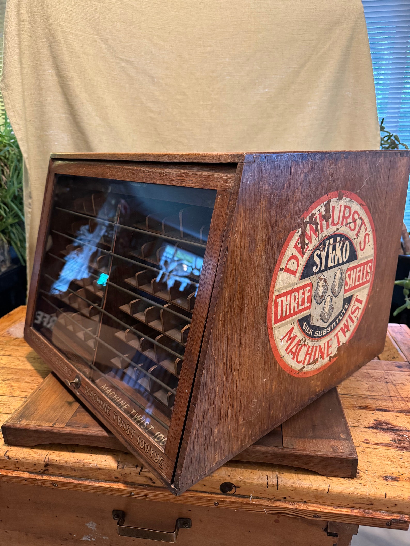 Original Dewhurst’s Sylko Rotating Oak Spool Chest With Double Glass ...
