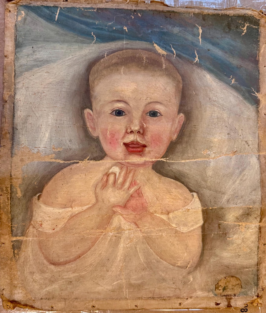 Circa 1820-50 American Folk Art Baby Portrait, Unstretched Oil on ...