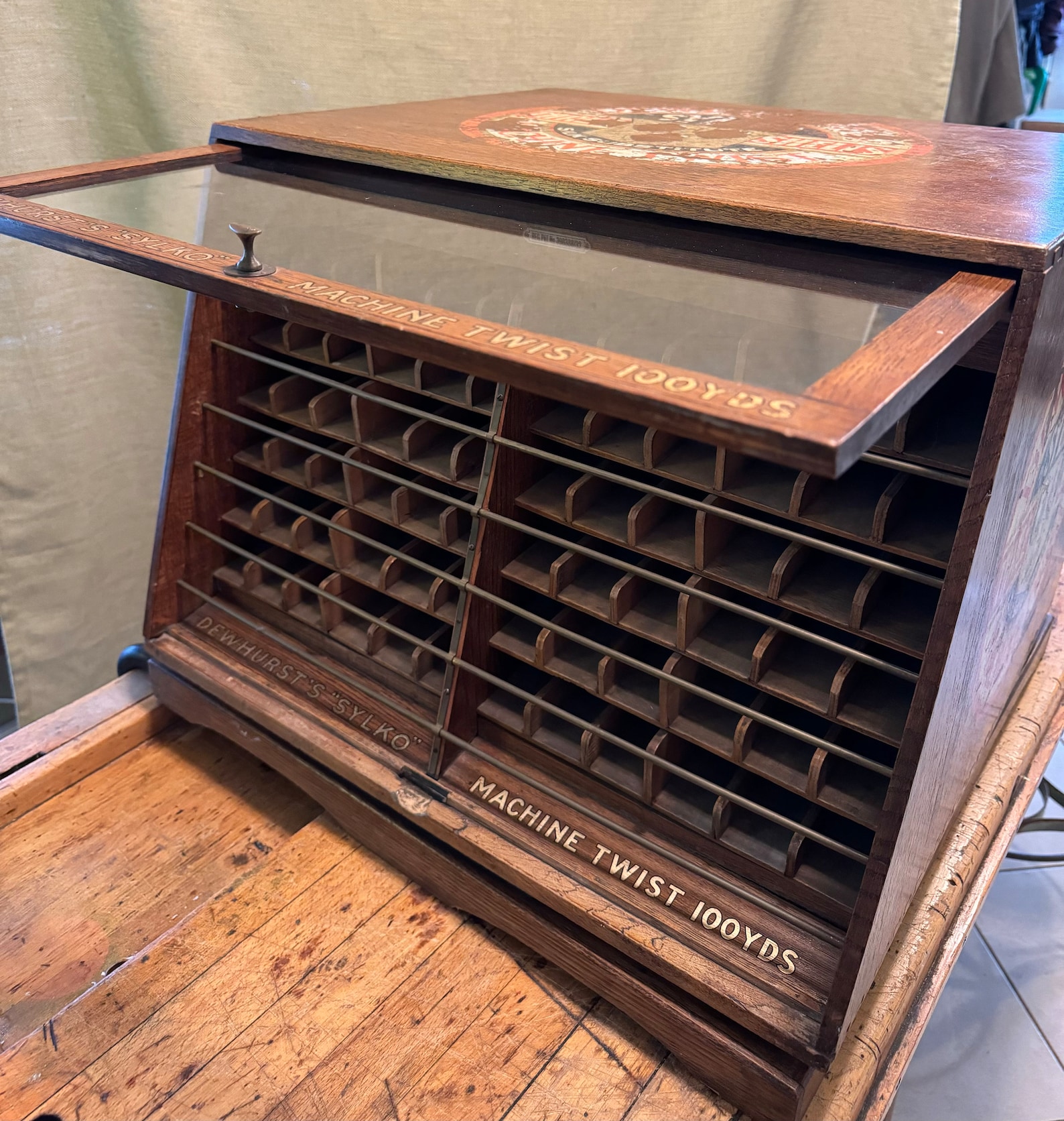 Original Dewhurst’s Sylko Rotating Oak Spool Chest With Double Glass ...