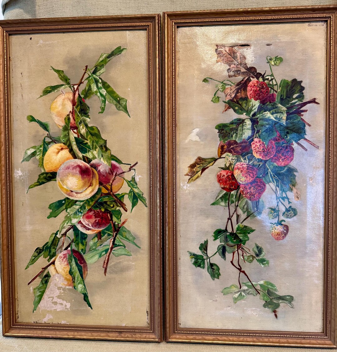 Pair of 1907 Still Life Paintings, Wild Strawberries and Peaches, Oil ...
