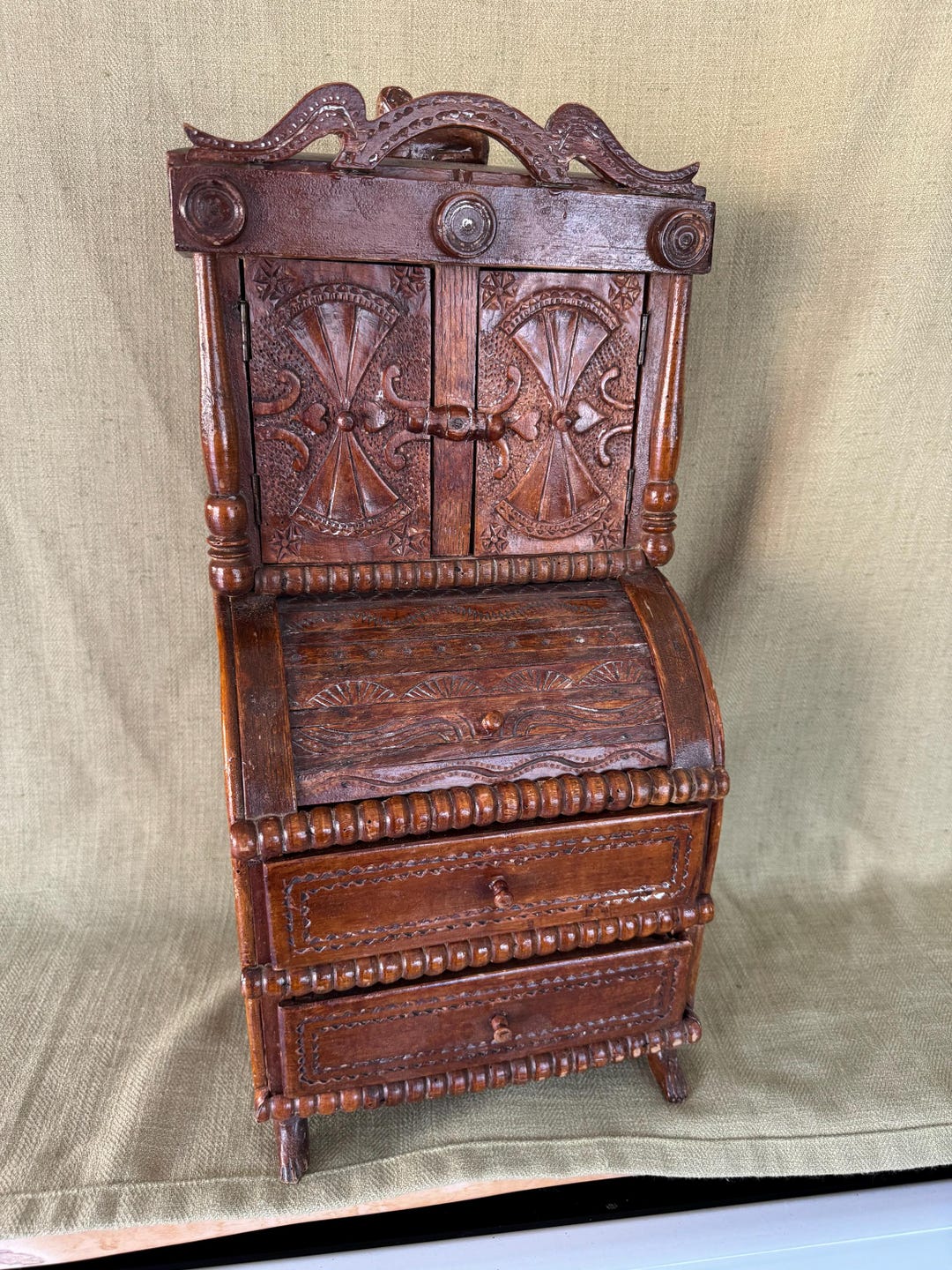 Antique 1880’s Folk Art Tramp Art Chest With Hiding Cat and Tambour ...