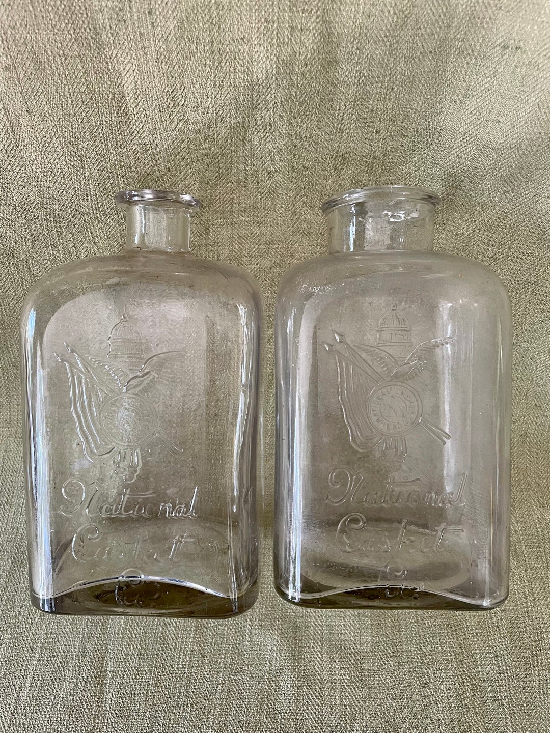 Pair 1880-90 National Casket Co. Embossed Embalming Fluid Jars, Large ...