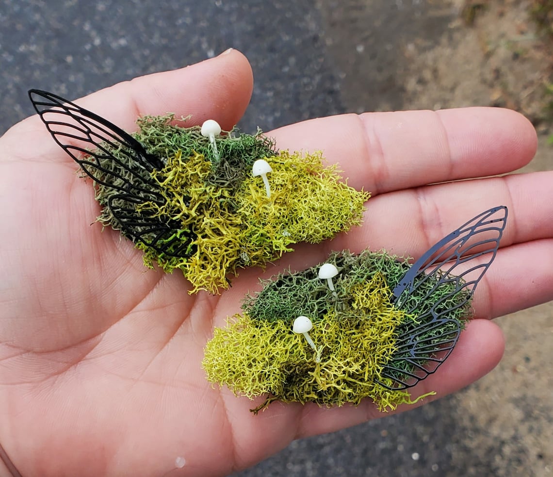 Enchanting Moss and Mushroom Fairy Wing Hair Clips in Black, Magical ...