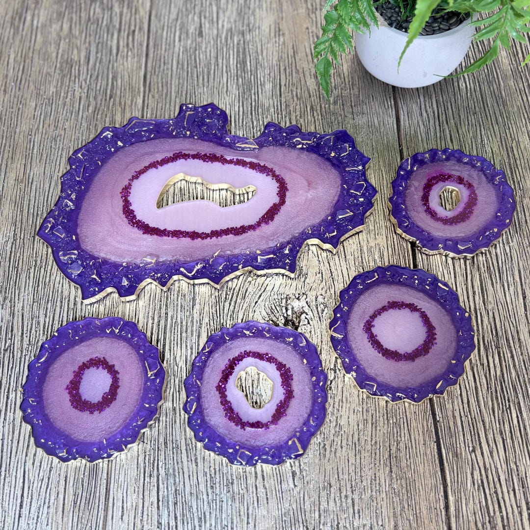 Purple Geode Resin Coaster & Tray Set - Handmade 5” Coasters, 13.5”x8 ...
