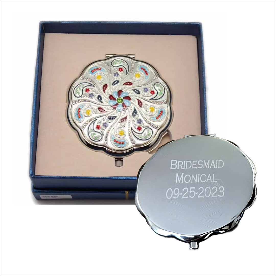 Personalized COMPACT MIRROR , Custom Engraved Flower Enameled Cosmetic ...