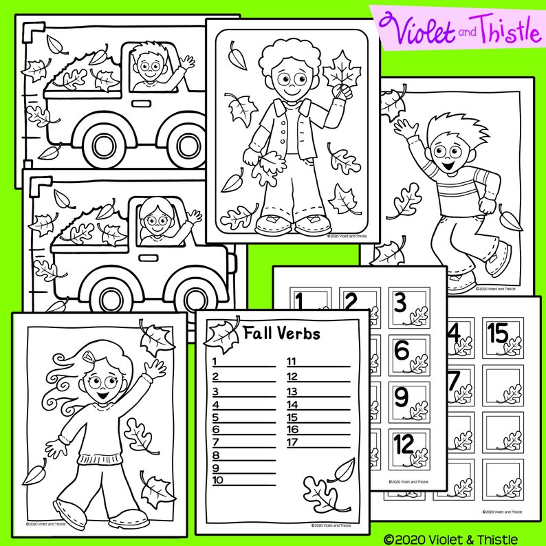 Fall Coloring Pages Fall Kids Verbs Color Sheets Raking Hiking Collect ...