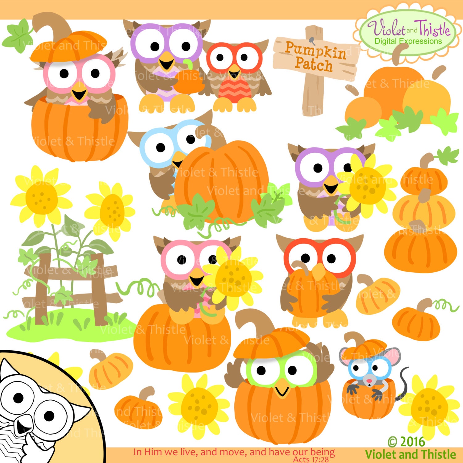 Harvest Owl Clipart Harvest Owl Clip art Fall Owl Clip art Line Art ...