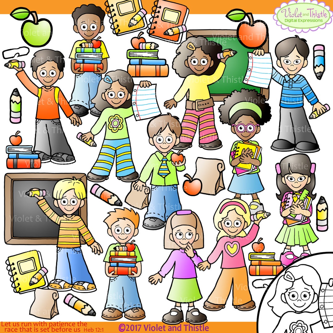 Back to School Kids Color Clipart Line Art Combo Clip Art Set Children ...