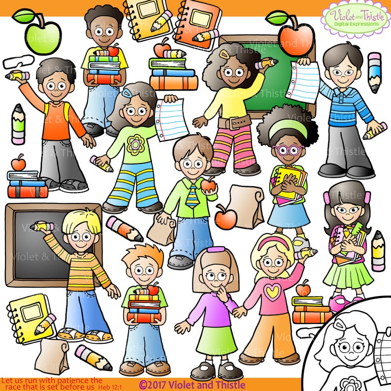 Back to School Kids Color Clipart Line Art Combo Clip Art Set Children ...