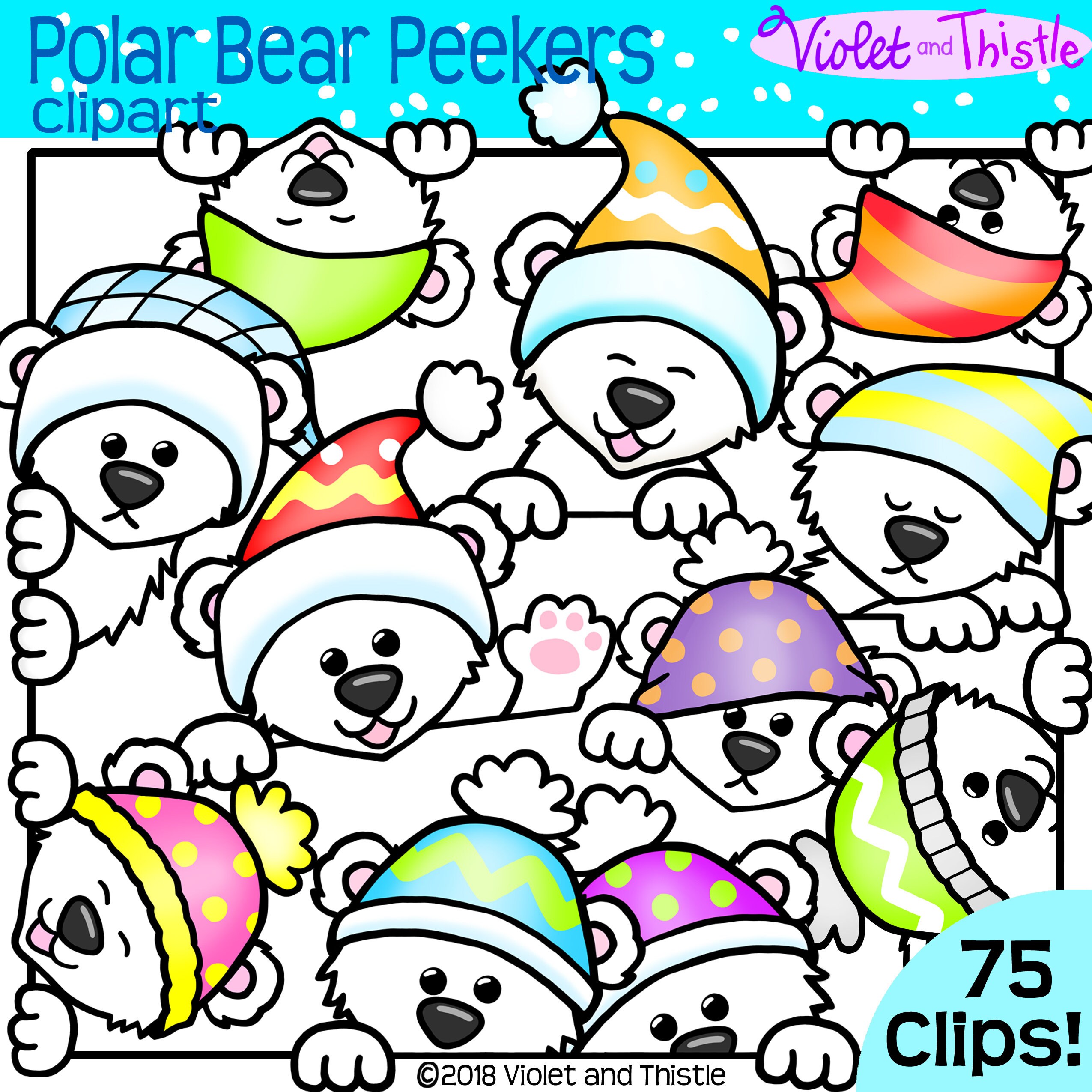 Cute Polar Bear Clipart Winter Snow Bear Clip Art Wearing Hats Peeker ...