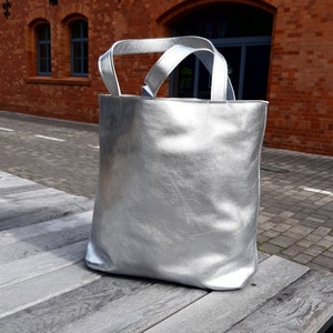 Metalic Silver Tote Bag, Silver Tote Bag, Large Silver Leather Hobo Bag ...