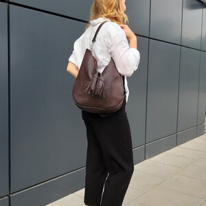 Python Hobo Bag for Women, Chocolate Brown Leather Shoulder Bag for ...