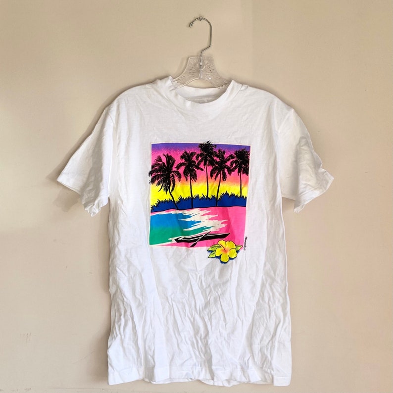 Vintage 1988 Neon Beach Tee Shirt - Small - Etsy