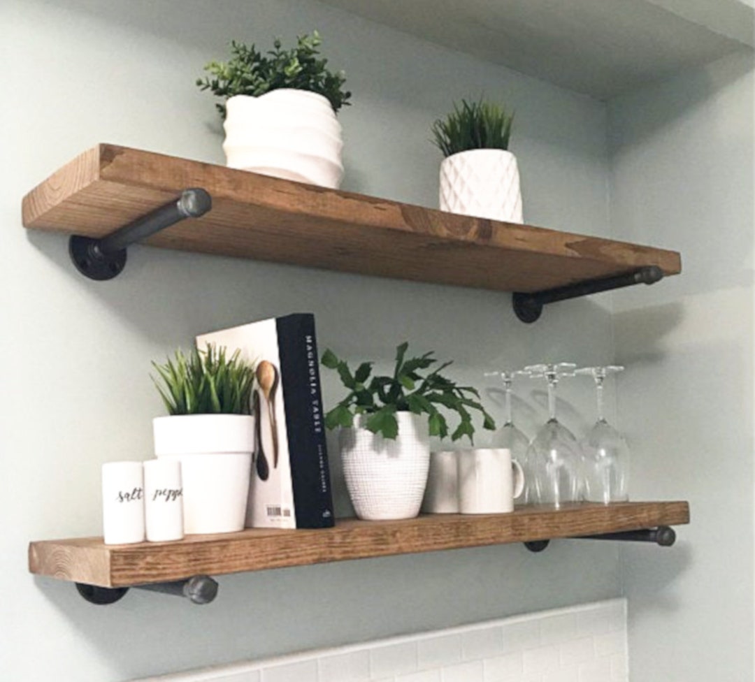 Farmhouse Floating Shelf With Pipe Brackets, Rustic Wood Plant Shelf - Etsy