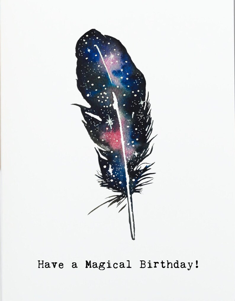 Watercolor Galaxy Feather Birthday Card, Astrology Birthday Card ...