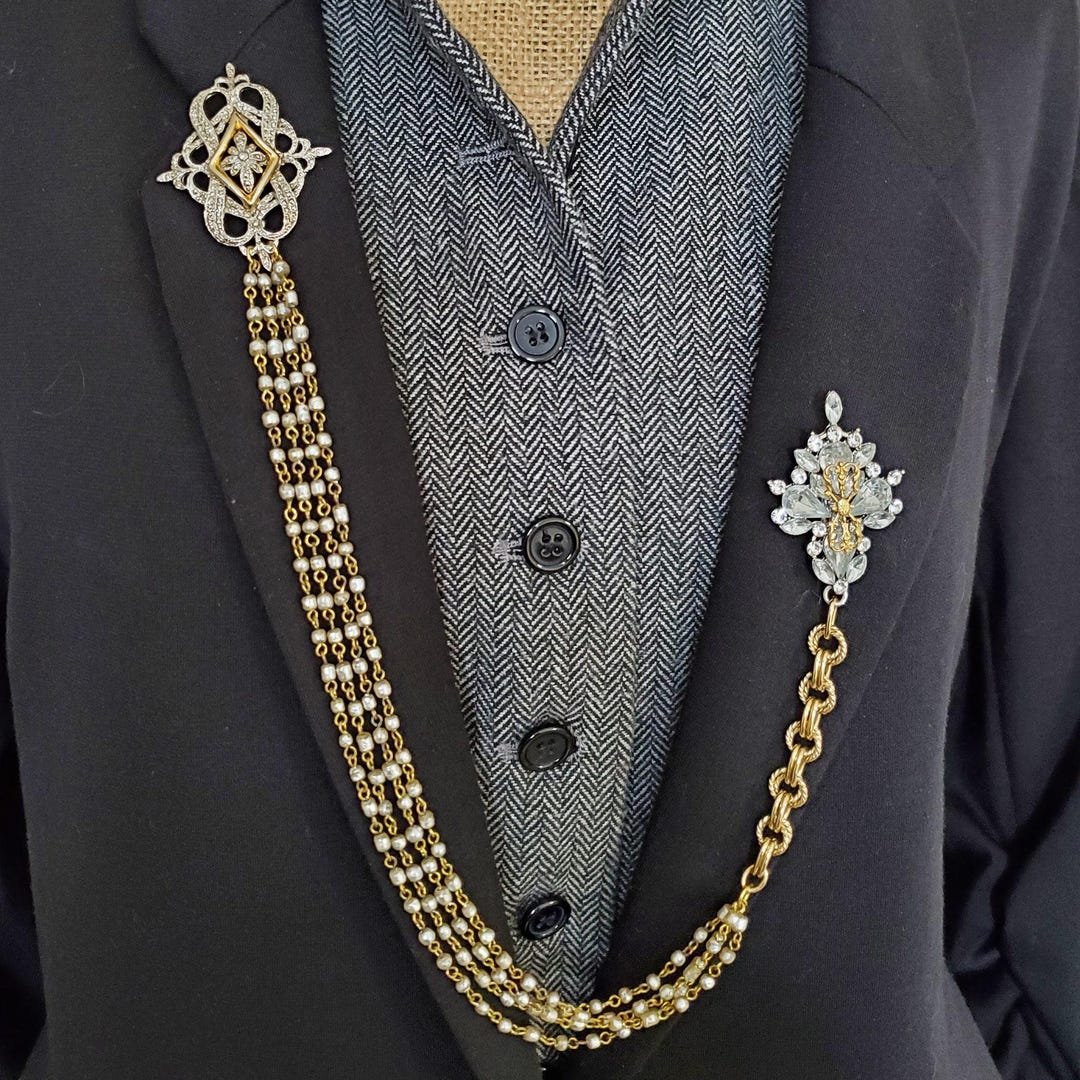 Double Brooch With Chains, Designer Brooch - Etsy