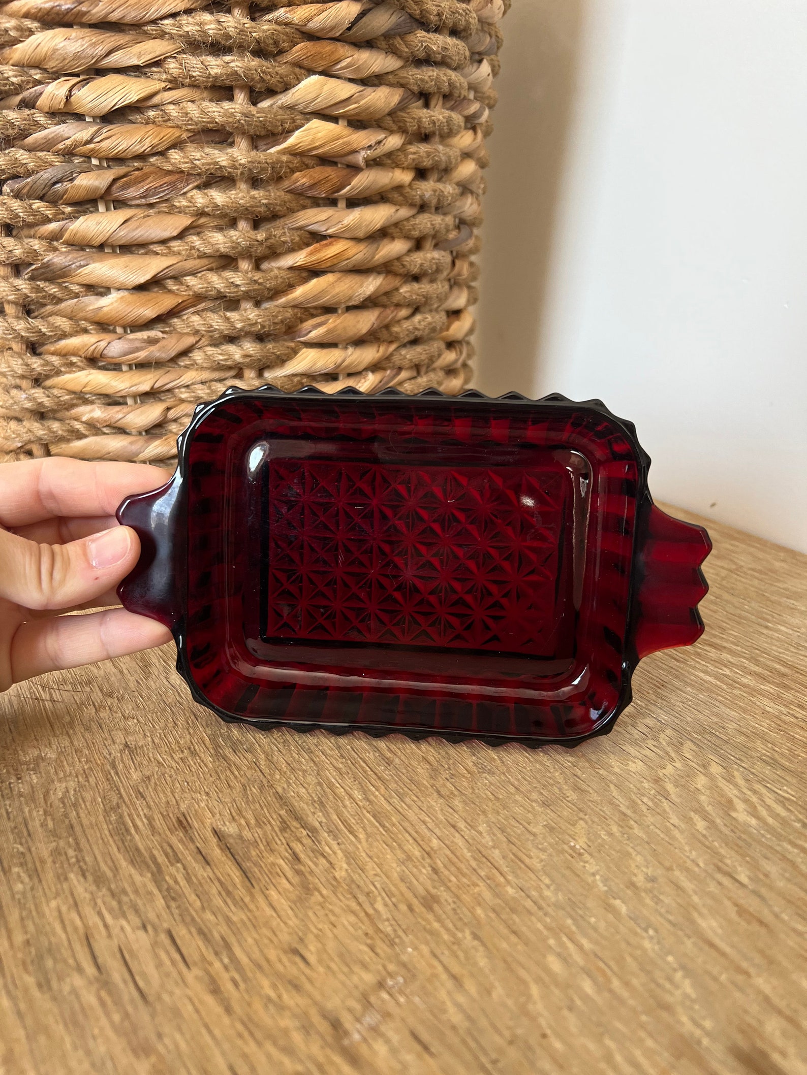 Vintage Ruby Red Rectangular Pressed Glass, Ribbed Diamond Pattern - Etsy