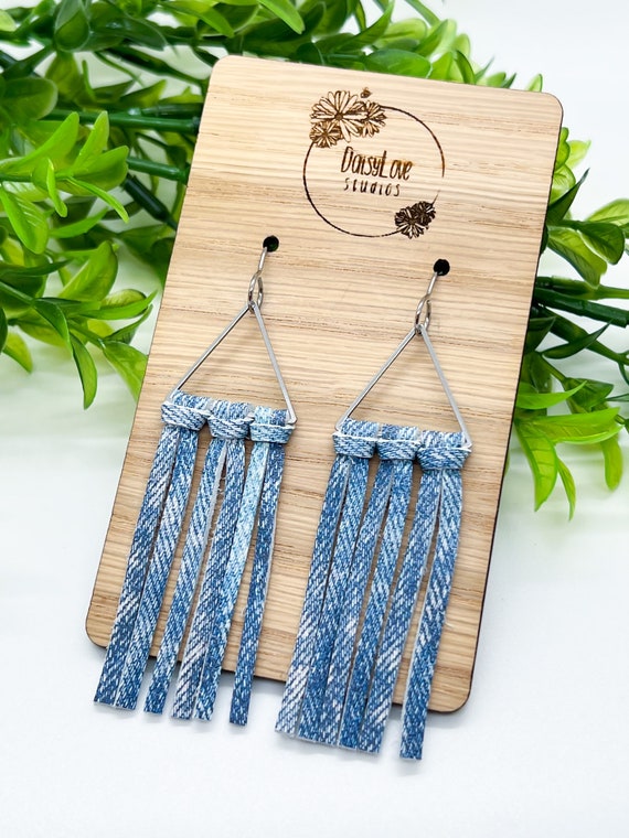 Denim Blue Leather Fringe Triangle Earrings Boho Statement - Etsy