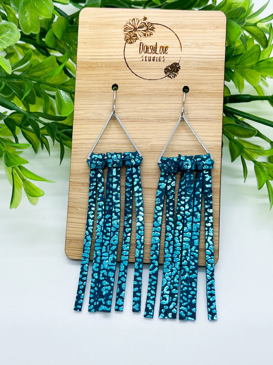 Metallic Turquoise Aqua Cheetah Long Leather Fringe Triangle Hoop, Boho ...