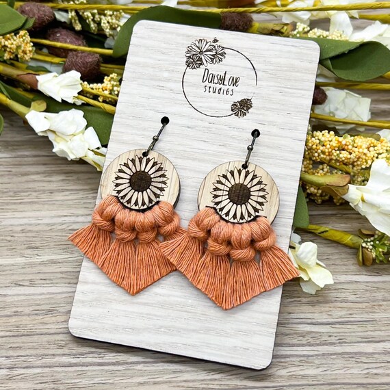 Wood Macrame Fringe Earrings Wood Sunflower Earrings Boho Inspired Earrings Statement Earrings Lightweight Earrings Gifts for Her