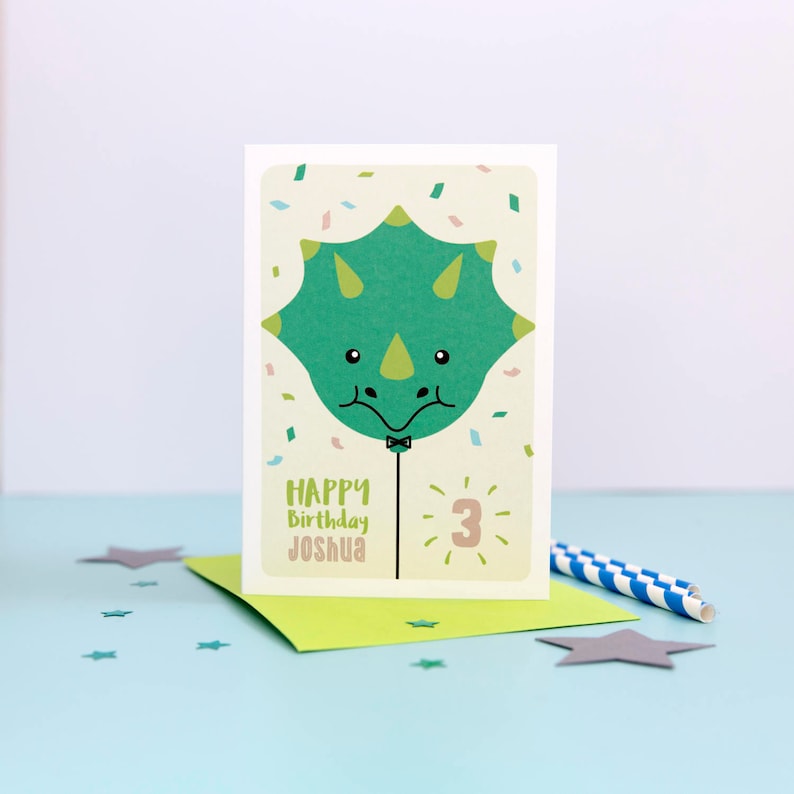 Dinosaur 3rd Birthday Card / Dinosaur Balloon Birthday Card / - Etsy UK