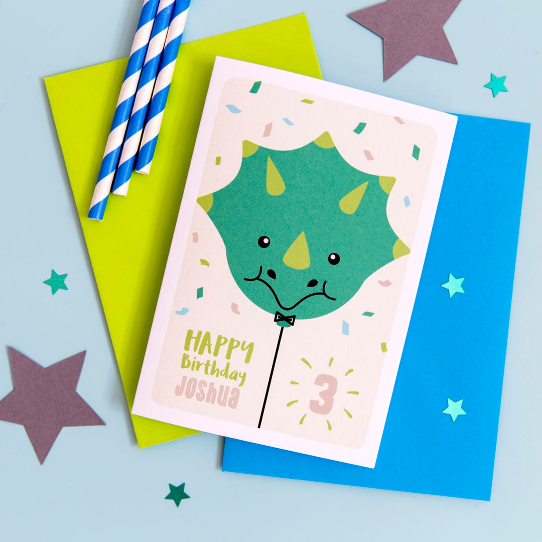 Dinosaur 3rd Birthday Card / Dinosaur Balloon Birthday Card / - Etsy