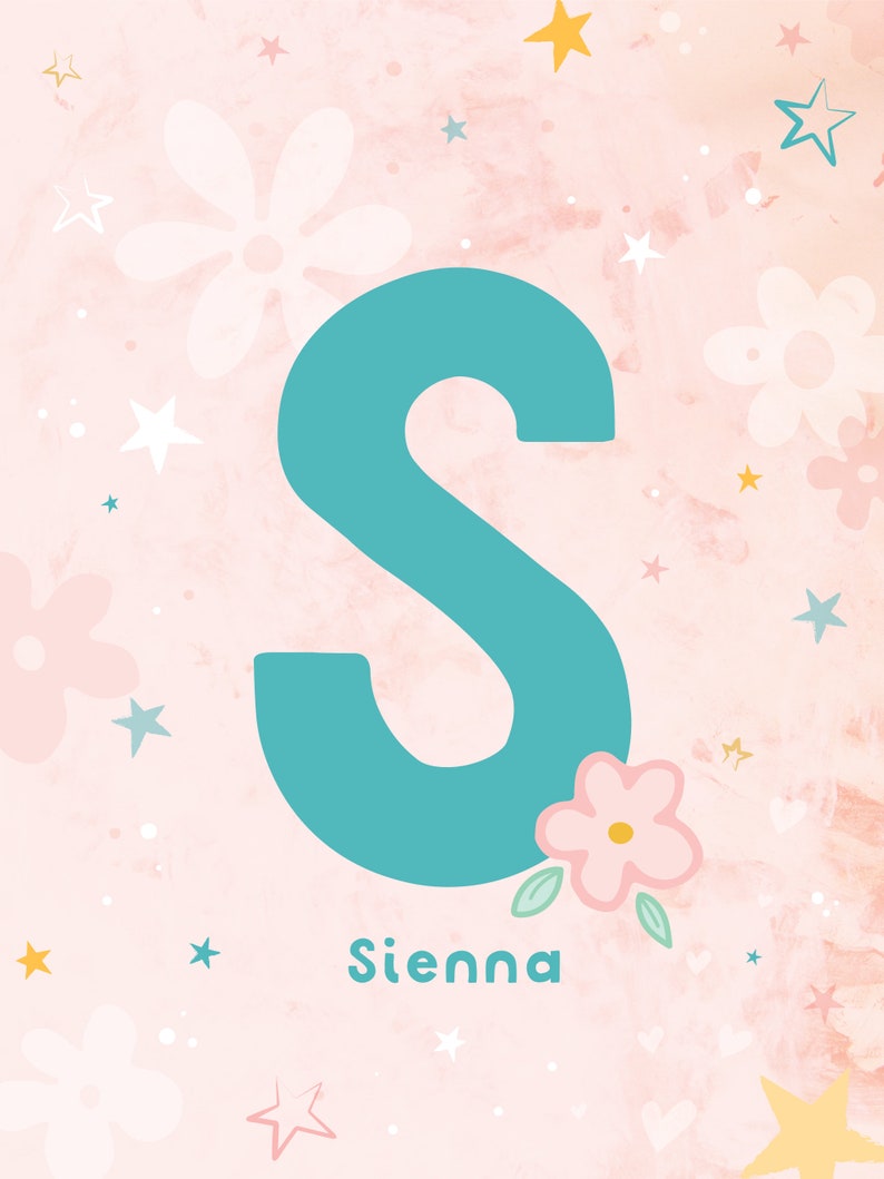 Initial Print Mustard Pink Turquoise / Initial Wall Art / | Etsy