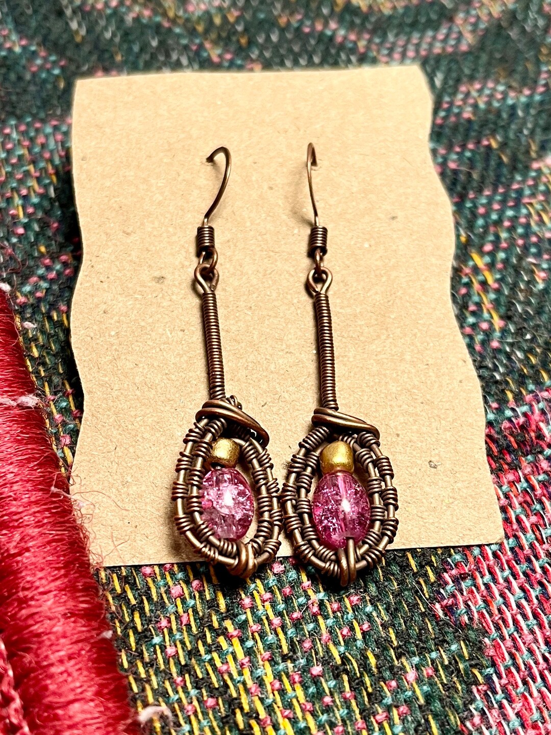 Wire Wrapped Dangle Earrings Pink Glass Bead Earrings Wirewrapped ...